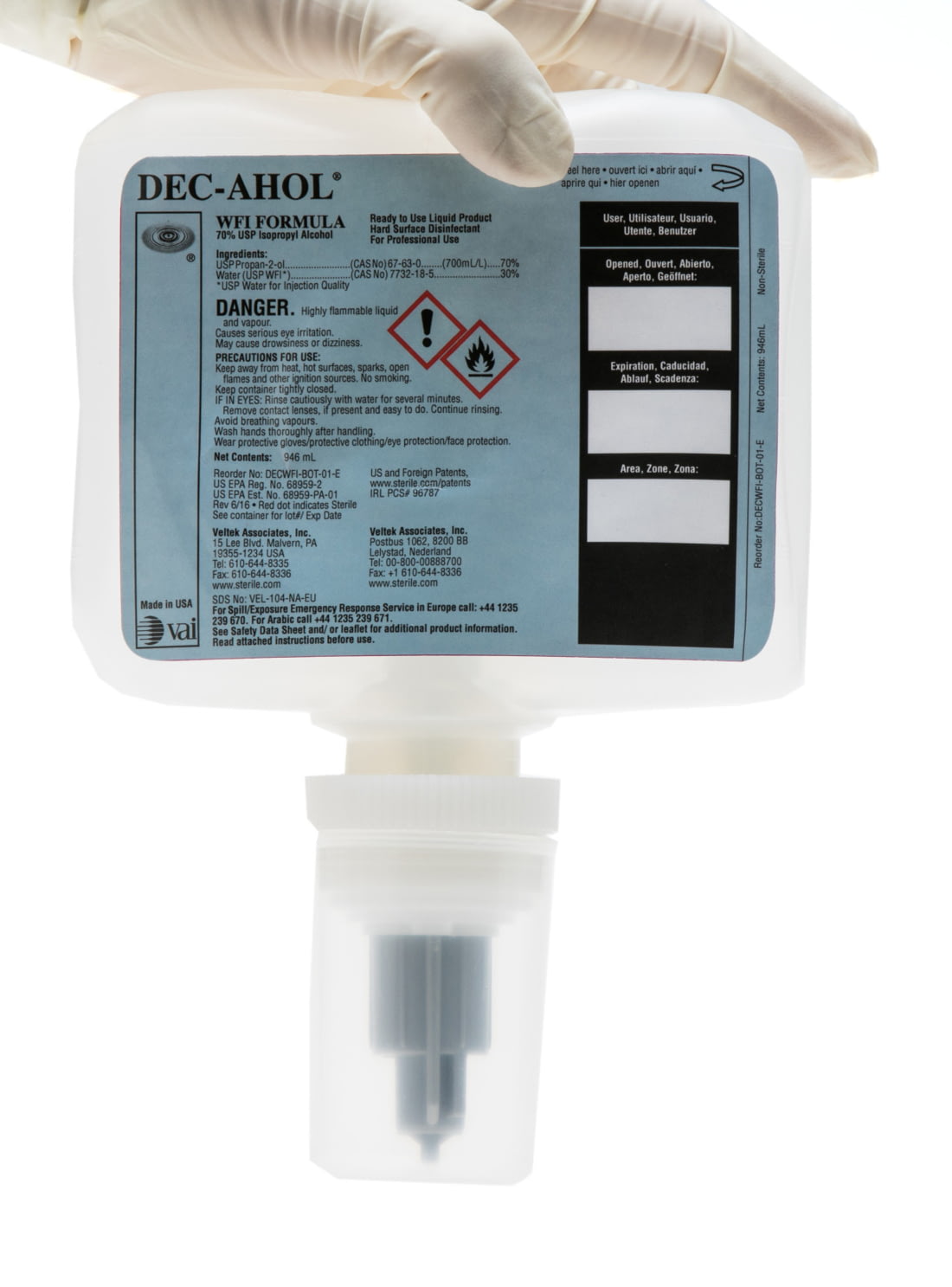Veltek DECON-AHOL WFI Sterile Disinfectant Formula FREE S&H DECWFI-BOT ...